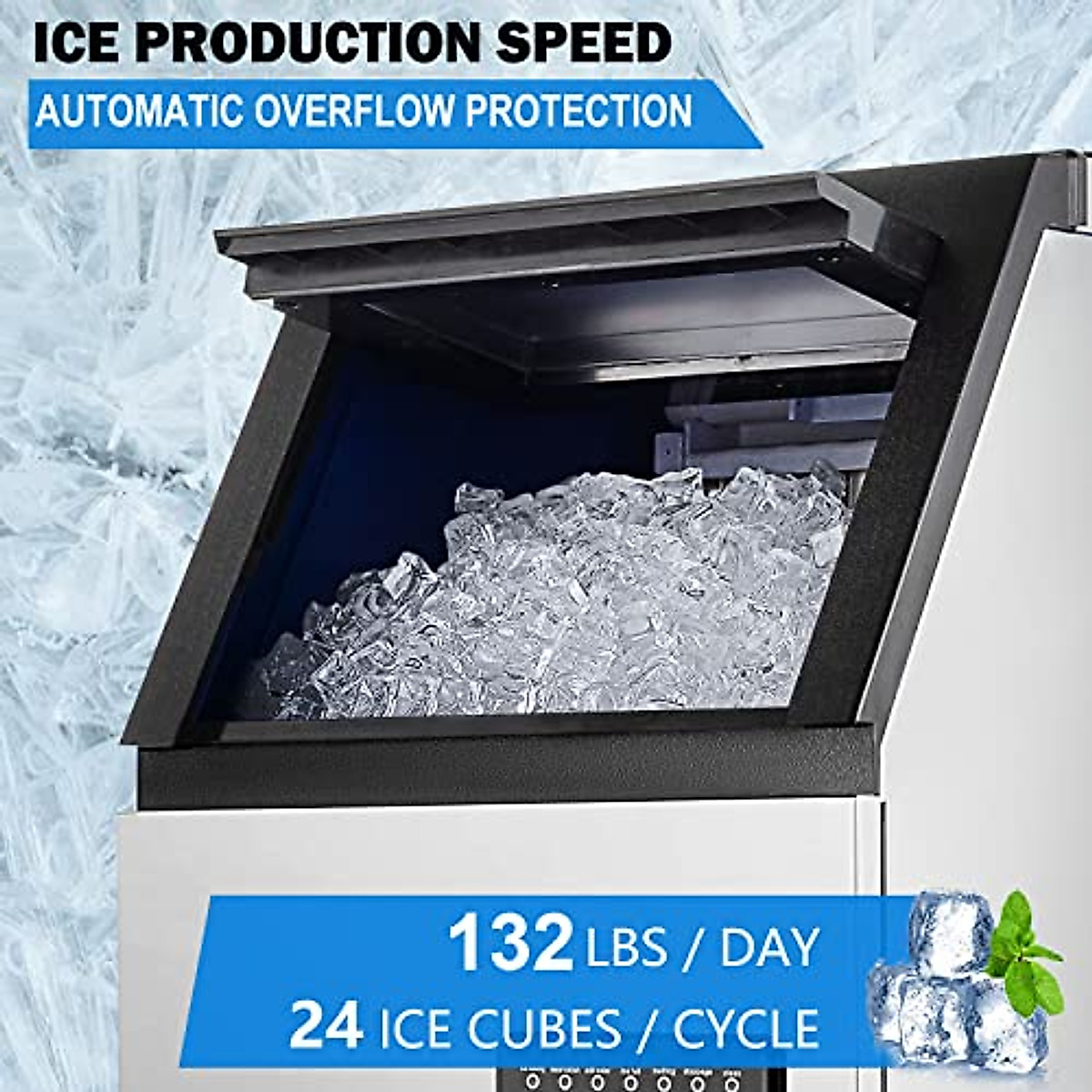 Topdeep Commercial Ice Maker Machine 132LBS/24H with 33LBS Storage Capacity, Stainless Steel Freestanding Ice Machine Automatic Operation- Ideal for Home, Restaurants, Bars Ice Making