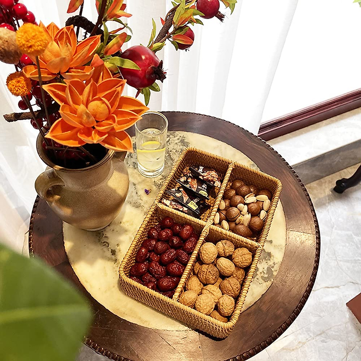 i-lan 4 Compartments Rectangular Rattan Basket, 12 Inch Divided Basket Tray with 3” Deep Wall, Decorative Flat Wicker Serving Basket for Fruit, Snacks, Catch All Dish, Brown