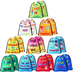 Frienda 20 Pieces Religious Gift Bags Christian Drawstring Backpacks Jesus Treat String Bags Bulk God Bless Baggies for Sunday School Birthday Baby Shower Christian Party Favors Packing, 11.8 x 9.8