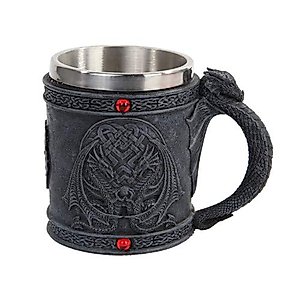 Pacific Giftware Celtic Dual Winged Dragon Mug Chalice Resin Body Stainless Steel Faux Stone