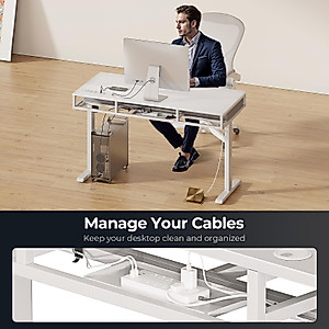 AODK Electric Standing Desk with Drawers & Keyboard Tray, 55 Inch Height Adjustable Desk with Power Outlets, Sit Stand Table, Writing Computer Desk for Home, Office, Workstation, White