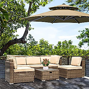 YITAHOME Patio Wicker Sofa Daybed Furniture Set with Retractable Canopy, Storable Side Table Outdoor Lounger with Soft Cushions for Backyard Porch (Light Brown + Beige)