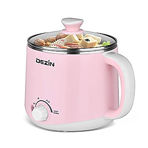Dezin Electric Hot Pot, Rapid Noodles Cooker, Stainless Steel Mini Pot 1.6 Liter, Perfect for Ramen, Egg, Pasta, Dumpling, Soup, Porridge, Oatmeal with Power Adjustment and Keep Warm Function, Pink