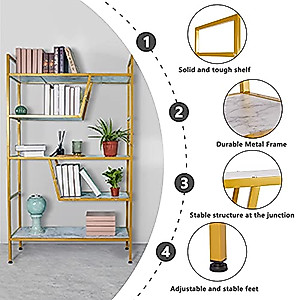 SIMFLAG 5-Tier Bookshelf Adjustable Bookcase with Retro Wood and Metal, Modern Tall Bookshelf for Bedroom, Display Gold Bookshleves for Home, Office, Living Room, Study Room