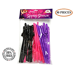 Bachelorette Party Penis Straws - Set of 30 pcs Pink, Black, Purple - Best Bride Shower Decoration