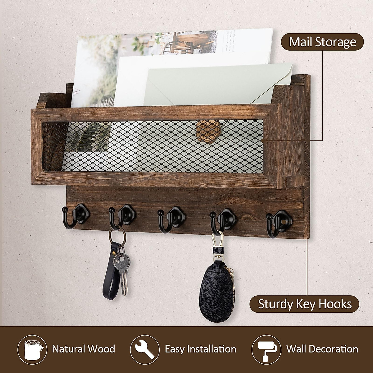 Nekon Mail and Key Holder for Wall Decorative, 11 Inch Wooden Wall Key Organizer with 5 Key Hooks, Wall Mount Storage Shelf for Entryway Hallway (Brown)