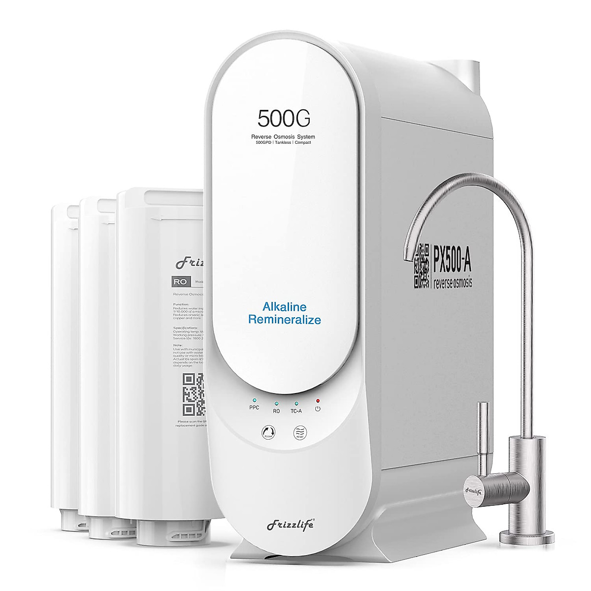 Frizzlife PX500-A Reverse Osmosis Water Filtration System - Alkaline & Remineralization, 500 GPD Fast Flow RO Filter, with MWT3 Mini Water Tank, with IMC-1 Ice Maker Kit