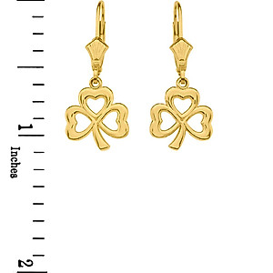 Good Luck Three Leaf Heart Clover Leverback Earrings in 10k Yellow Gold