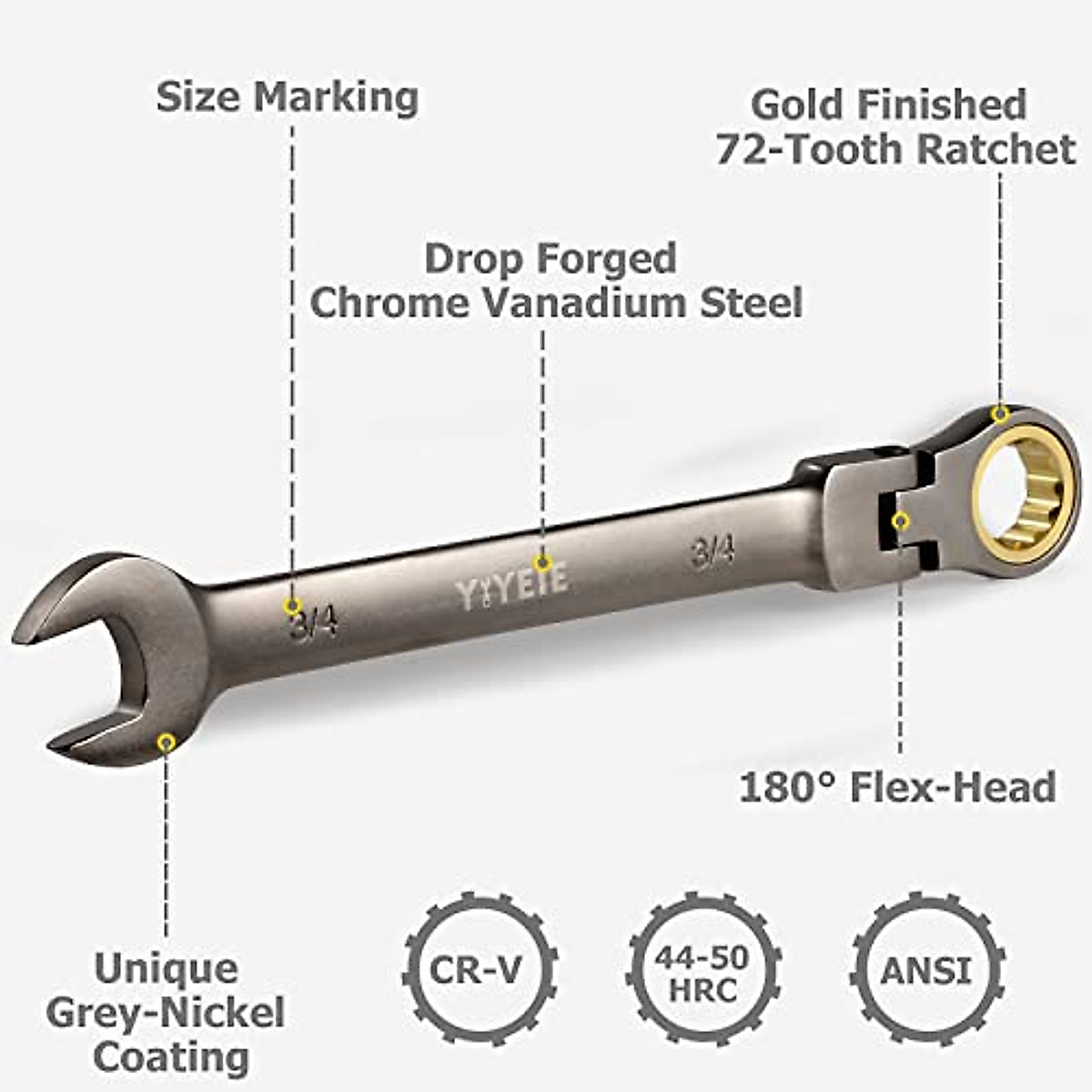 YIYEIE 9 Pc. Flex-Head Ratcheting Wrench Set, SAE 5/16, 11/32, 3/8, 7/16, 1/2, 9/16, 5/8, 11/16, 3/4 Inch, 72 Tooth, Nickel Plating, Cr-V Steel, Flexible Combination Wrench Set with Swivel Ratchet