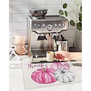 Coffee Mat for Counter, Give Thanks Pink and White Watercolor Pumpkins Absorbent Hide Stain Coffee Bar Mat, Non-slip Coffee Bar Accessories Kitchen Drying Mat Fit Under Coffee Maker Espresso Machine
