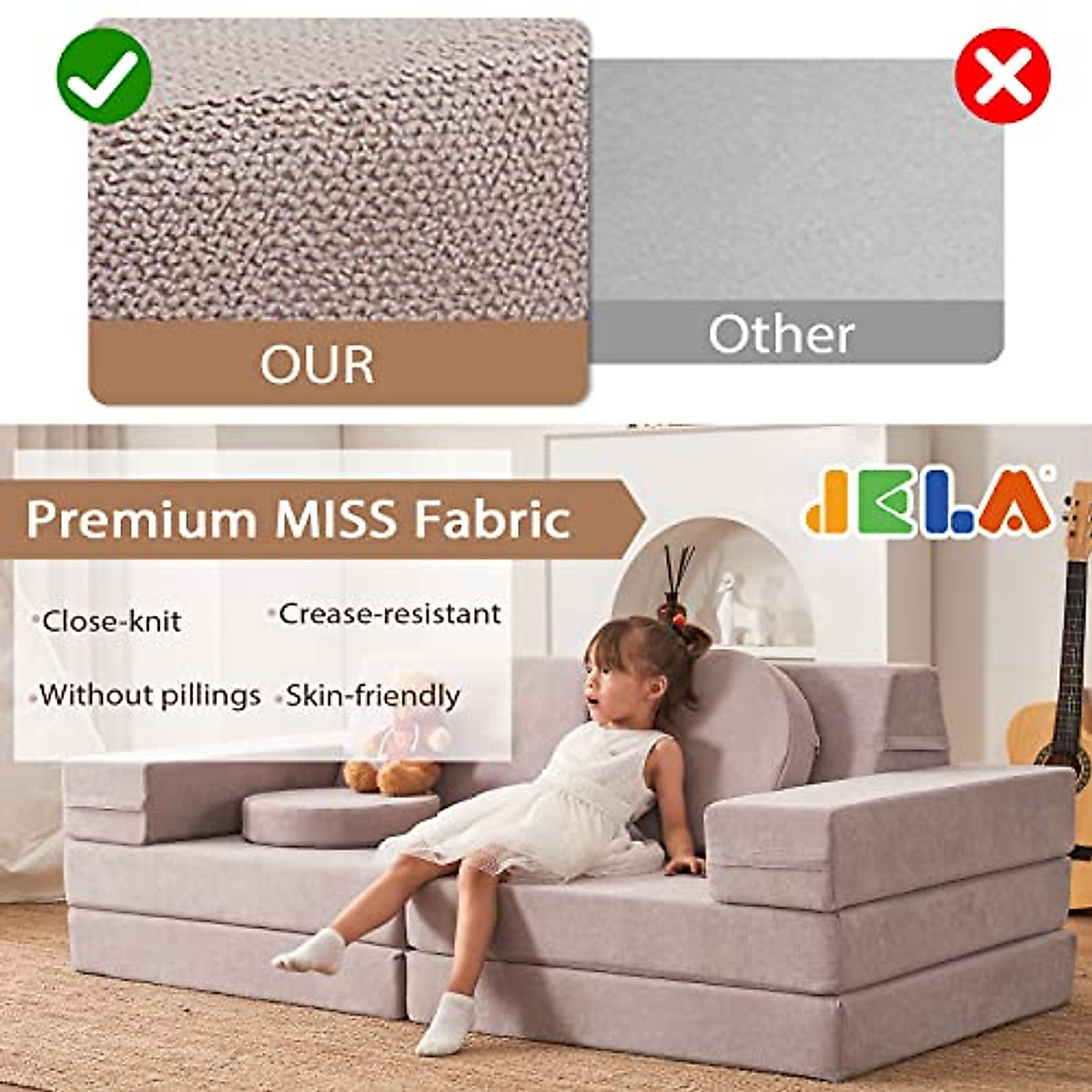 jela Kids Couch 10PCS Luxury, Floor Couch Floor Sofa Modular Furniture for Adults, Playhouse Play Set for Toddlers Babies, Modular Foam Play Couch, Modular Sectional Sofa (Classic, Taupe)