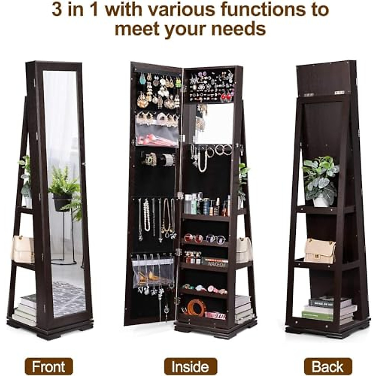 Titan Mall 360° Rotating Jewelry Cabinet Standing Jewelry Armoire with Full Length Mirror,Revolving Makeup Jewelry Holder Organizer Full Body Mirror,Large Stand Up Jewelry Box,Women Girl Gift,Brown