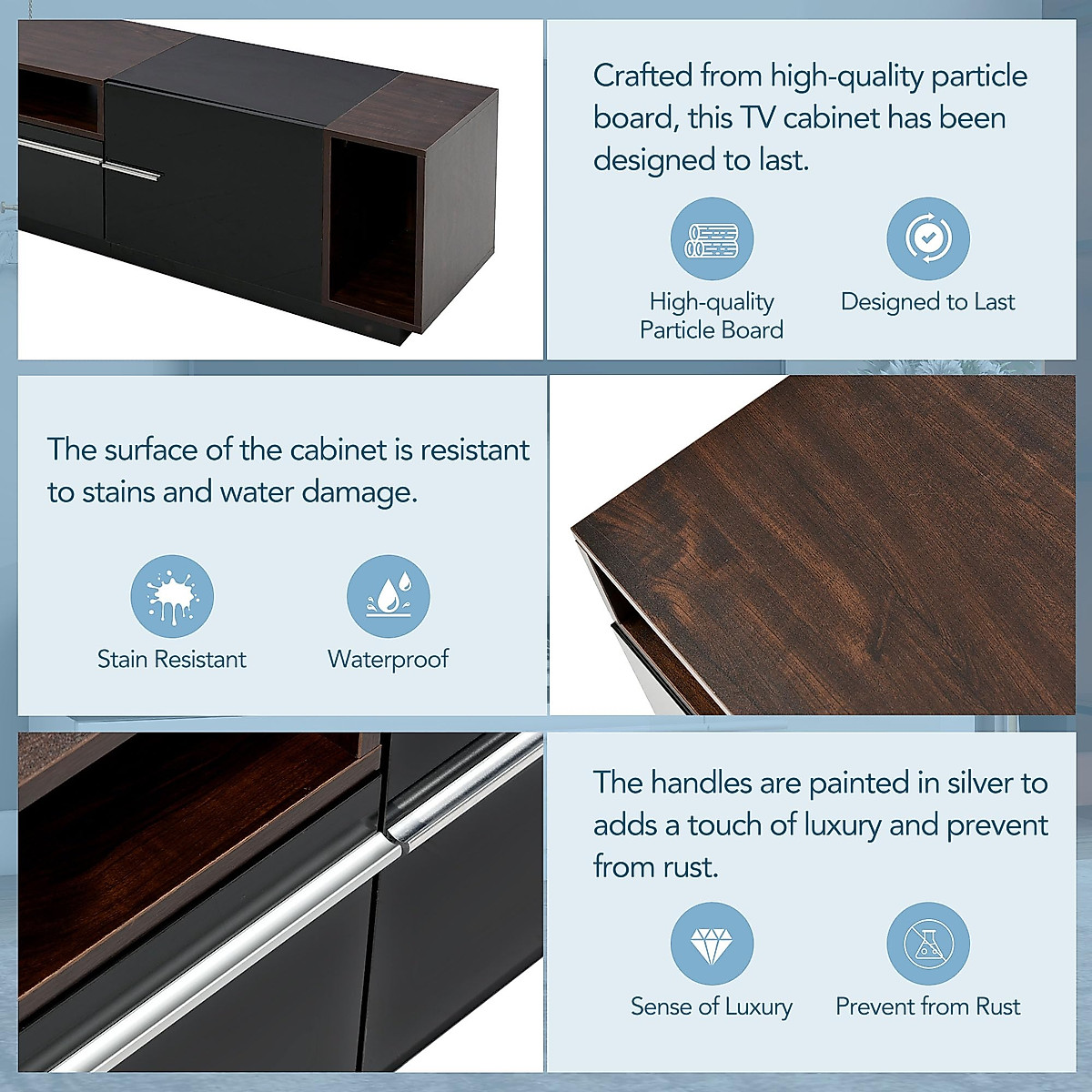 Merax Two-Tone Design Stand with Silver Handles, UV High-Gloss Media Console for Television Up to 70", Chic Style TV Storage Cabinet for Living Room, 66.8 inch Length, Black