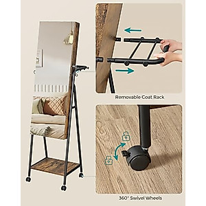 SONGMICS 6 LEDs Lockable Mirror Jewelry Cabinet,Organizer, Standing Jewelry Armoire with 4 Wheels, Mirror with Jewelry Storage, Coat Rack, Shelf, Rustic Brown and Black UJJC005X01