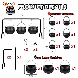 Cauldron Halloween Decor - 9 PCS Large and Mini Plastic Hanging Cauldrons Serving Set - Spooky Black Witches Cauldron Desserts Candy Serving Bowls for Table Home Indoor Hocus Pocus Party Decorations
