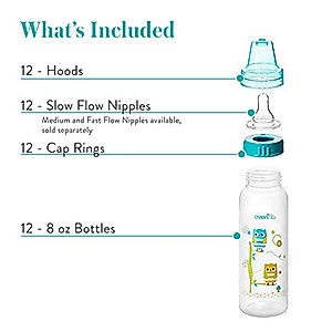 Evenflo Feeding Classic Prints Polypropylene Bottles for Baby, Infant and Newborn - Blue/Green/Teal, 8 Ounce (Pack of 12)