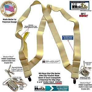 Holdup Hip-Clip Style Under-Ups Tan 1 1/2" Suspenders for Men with the USA Patented Metal "No-Slip" Clip