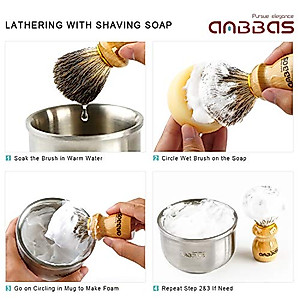Shaving Brush Set, 4in1 Anbbas Fine Badger Shave Brush Wood Handle,Stainless Steel Shaving Stand and Soap Cup Dia 3.2inches with Shaving Soap Bar Natural Organic 3.5oz for Men