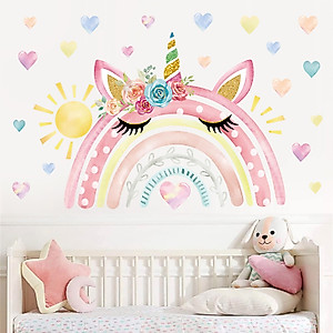 wondever Watercolor Large Rainbow Wall Stickers Unicorn Rainbow Hearts Sun Peel and Stick Wall Art Decals for Girls Bedroom Baby Nursery Kids Bedroom