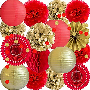 ANSOMO Red and Gold Party Decorations Paper Fans Lanterns Tissue Pom Poms Wall Hanging Decor Supplies Bridal Baby Shower Birthday Wedding Graduation