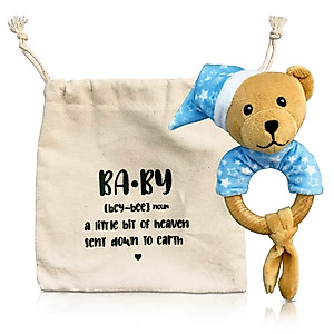 Baby Wooden Rattle Teething Ring, Baby Rattles 0-6 Months, Baby Montessori Newborn Toys, Stuffed Animal Gift for Baby Boy, Baby Teddy Bear (Blue)