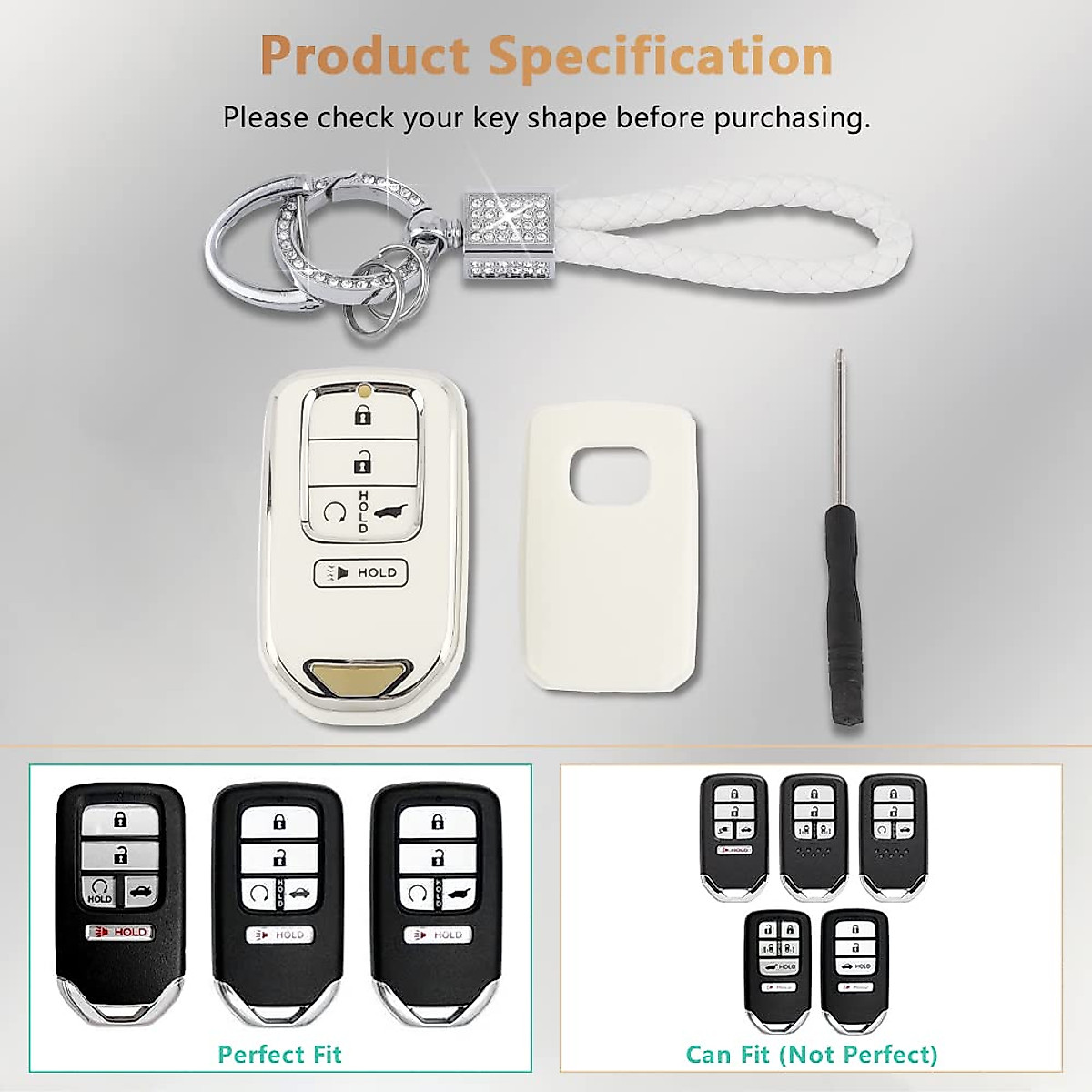 PIFOOG Key Fob Cover for Honda Accord Civic CRV Pilot Passport Insight Accessories White TPU 5 Buttons Smart Keys Case Shell Protector Bling Car Keychain Girly Women