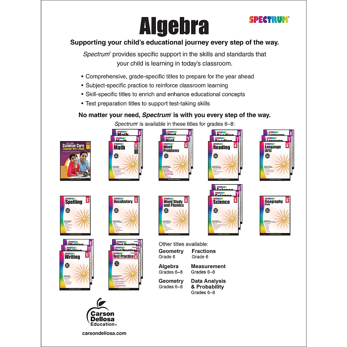 Spectrum Algebra 1 Workbook, Ages 11-14, Grades 6-8 Algebra/Pre-Algebra Workbook Covering Fractions, Algebra Equations, Graphing, Rational Numbers, ... Grade, 8th Grade Math For Kids (Volume 109)