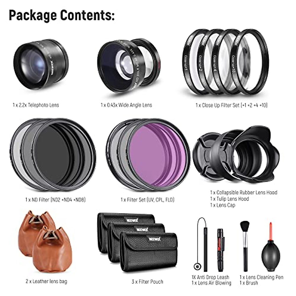 NEEWER 58mm Lens and Filter Set: Wide Angle/2.2X Telephoto Additional Lens for 18mm-85mm APS-C Lens, (+1+2+4+10) Close Up Macro/ND/UV/CPL/FLD Filters for Camera Lens with ⌀58mm Thread