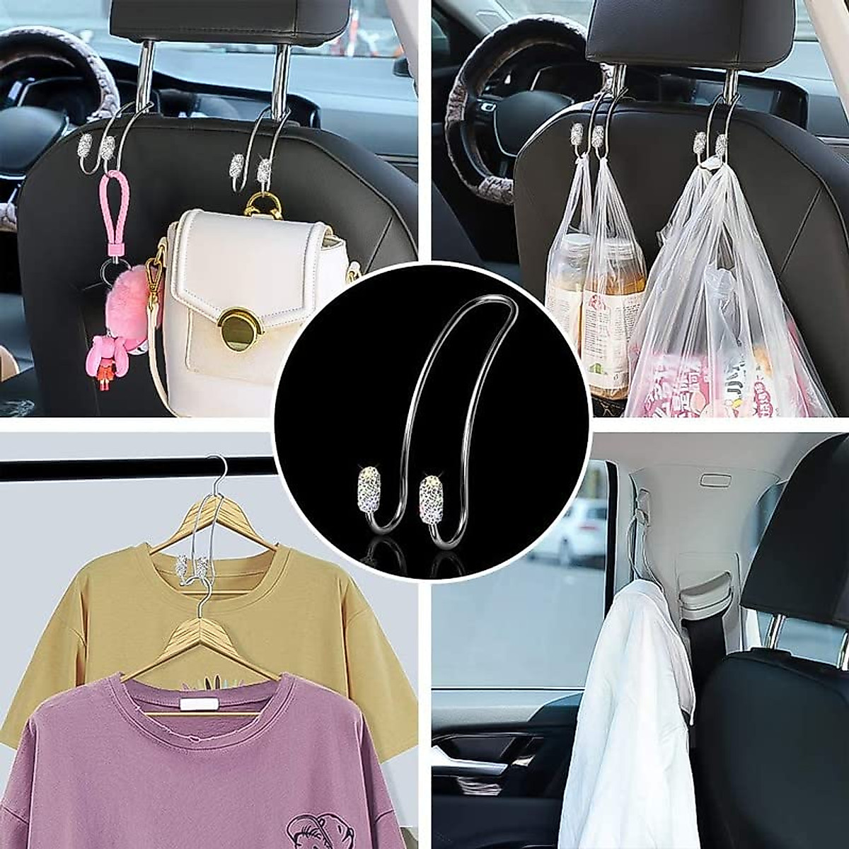 Guoord 【2024 Upgraded】 Car Headrest Hook Decorations, 2 Pcs Bling Purse Hook Hangers, Stainless Hooks Car Hangers and Durable Backseat Holder, Storage Universal for SUV Truck Vehicle(White)