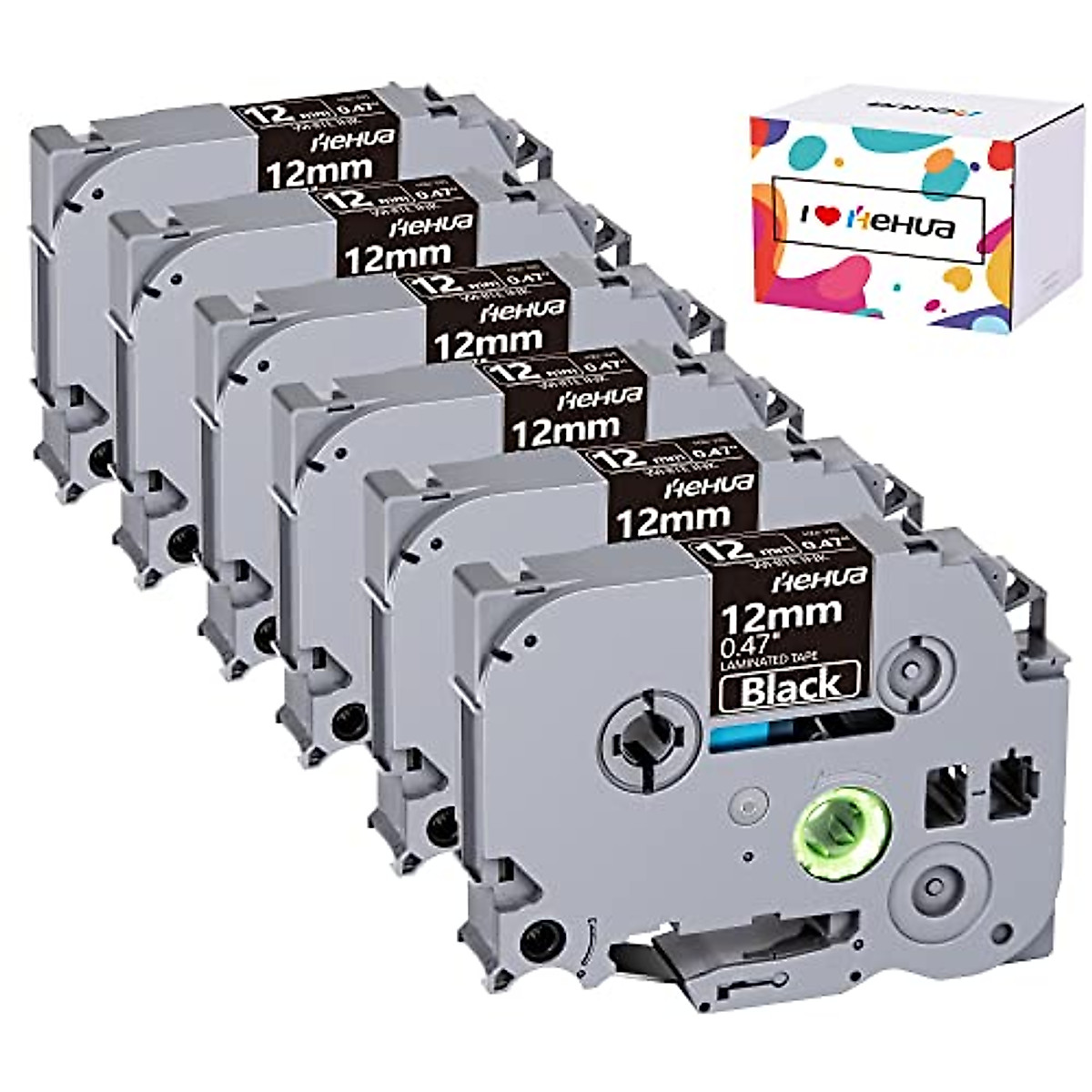Hehua 12mm 0.47 Laminated Black Tape Compatible for Brother P Touch Label Tape TZe-335 TZe335 TZ-335 TZ335 White on Black for PT D200 D210 D220 D400 D600 PTH110 PT-H100 PT1280, 12mm x8m, 6 Pack