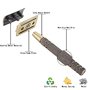 Double Edge Safety Razor Long Handle - Brass Bronze Blade Replaceable Razors,For Men Shaving Classic Razor,Reusable Metal Manual Shavers Close Comb