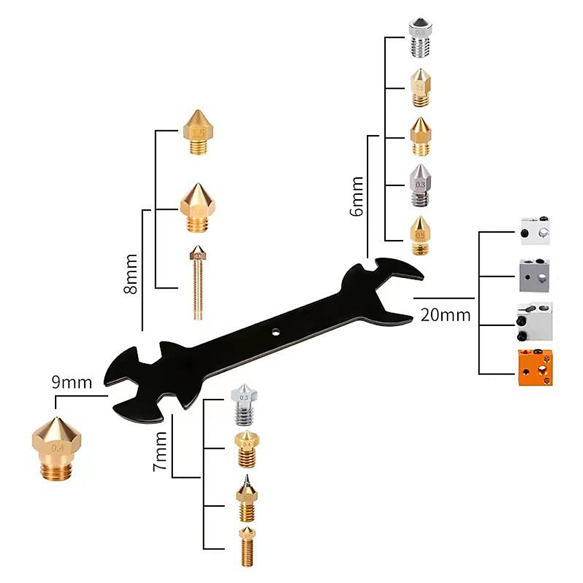AIMPGSTL 3D Printer 5 in 1 Multi-Function Wrench Tool for Fixed Mk8 Ender 3 Brass Nozzle 3D Printer Accessories