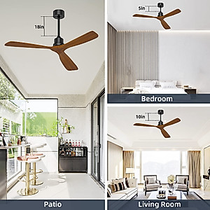 Obabala Modern Ceiling Fan No Light with Remote, Outdoor Ceiling Fan Without Light 3 blade Wood Walnut Fan for Patios/Farmhouse Reversible DC Motor, 52'', Brown