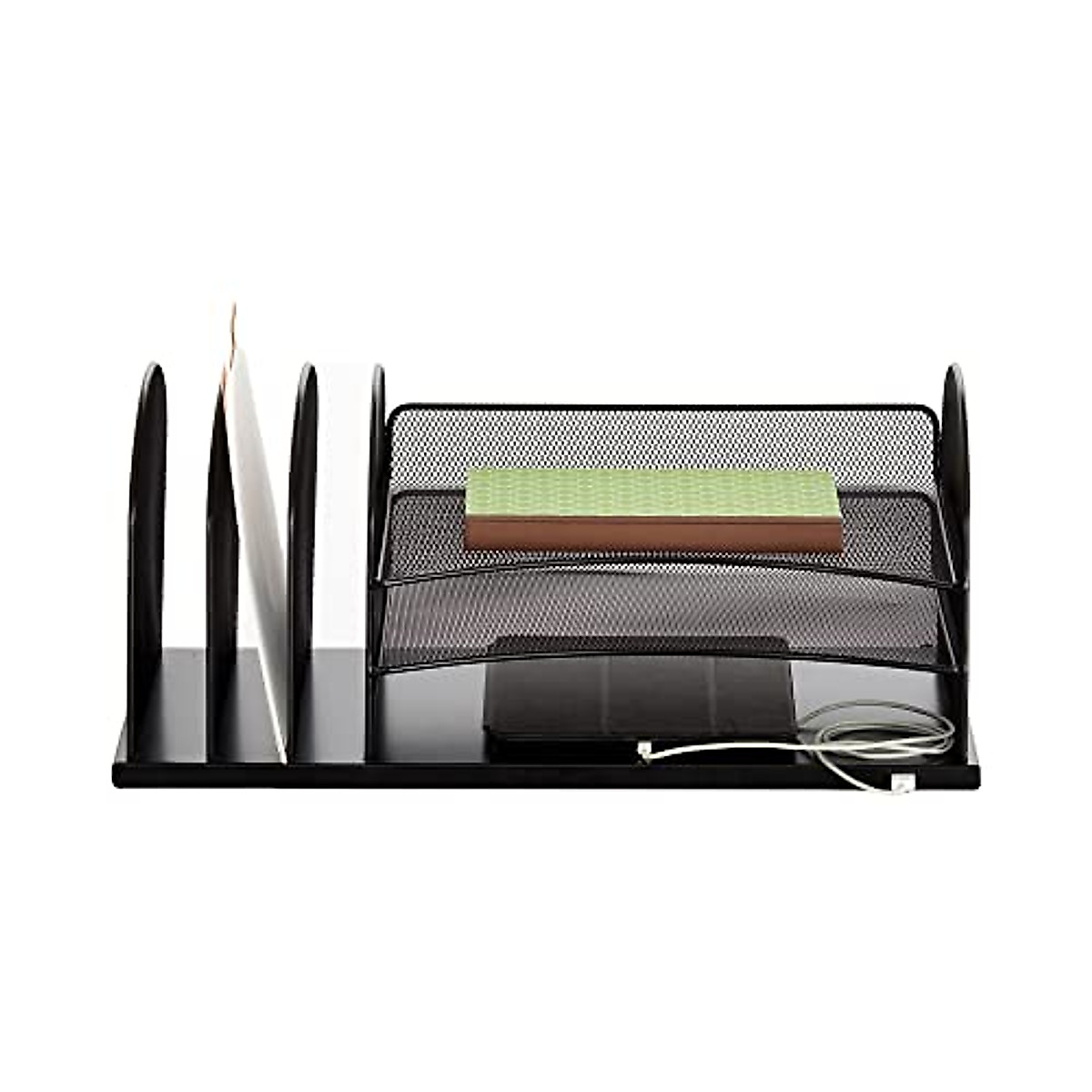 Safco Products 3231BL Onyx Desktop Organizer with USB Charging Port; 3 Section File Sorter; 3 Paper Trays; Durable Steel Construction; Black