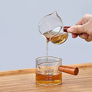 DEESUNG 2 Pack - Espresso Shot Glasses, Double Spouts, High Borosilicate Glass Material with Wood Handle, 2 OZ (75 ml) Capacity, Multiple Functions, Coffee Cup, Honey jar, Salad jar