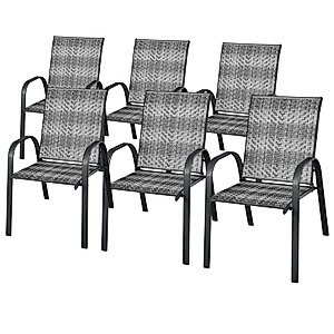 HAPPYGRILL Stackable Dining Chairs Set of 6, Outdoor PE Wicker Patio Arm Chairs with Rustproof Steel Frame, Stackable Bistro Deck Chairs for Backyard Garden and Poolside