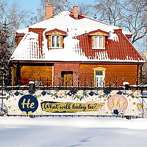 Gender Reveal Decoration, He or She Gender Reveal Banner Large He or She Baby Shower Yard Sign Photo Booth Props for Gender Reveal Supplies (9.8 * 2 ft)