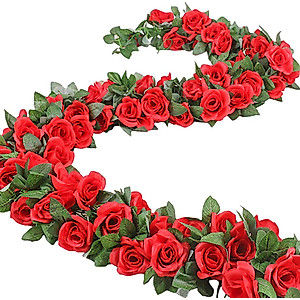 ZWYOQI 16 FT Fake Rose Vine Garland Artificial Flowers Plants Hanging Rose Ivy Home Hotel Office Wedding Party Garden Décor (Red/2PCS)