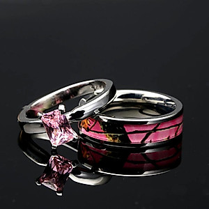 3 pieces Pink Women`s Stanless Steel Camo and Sterling Silver Tourmaline Engagement Wedding Rings Set (8)