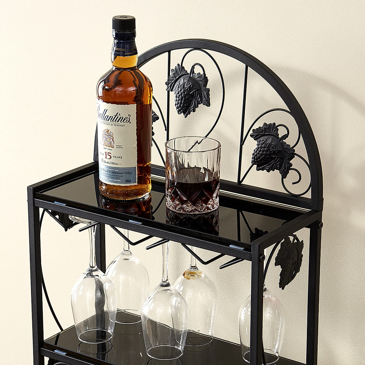 VECELO Metal Wine Rack Hold 20 Bottles with Glasses Holder, Freestanding Floor Bar Storage & Display Shelf for Kitchen Dining Living Room, Black Glass Top