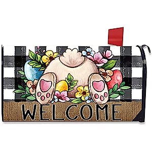 FBCOO Welcome Easter Bunny Rabbit Mailbox Cover Magnetic Standard Size 21" x 19", Eggs Buffalo Plaid Check Decorative Post Letter Box Wrap Decor Funny Farmhouse Garden Yard Outdoor Decoration