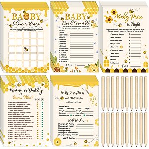 Roowest 145 Pcs Bee Baby Shower Games Gender Neutral Set Includes 125 Pcs 5 Kinds Party Games 20 Pcs Pencils for Honeycomb Bee Baby Shower Party Decorations Favors Gender Reveal Party Supplies