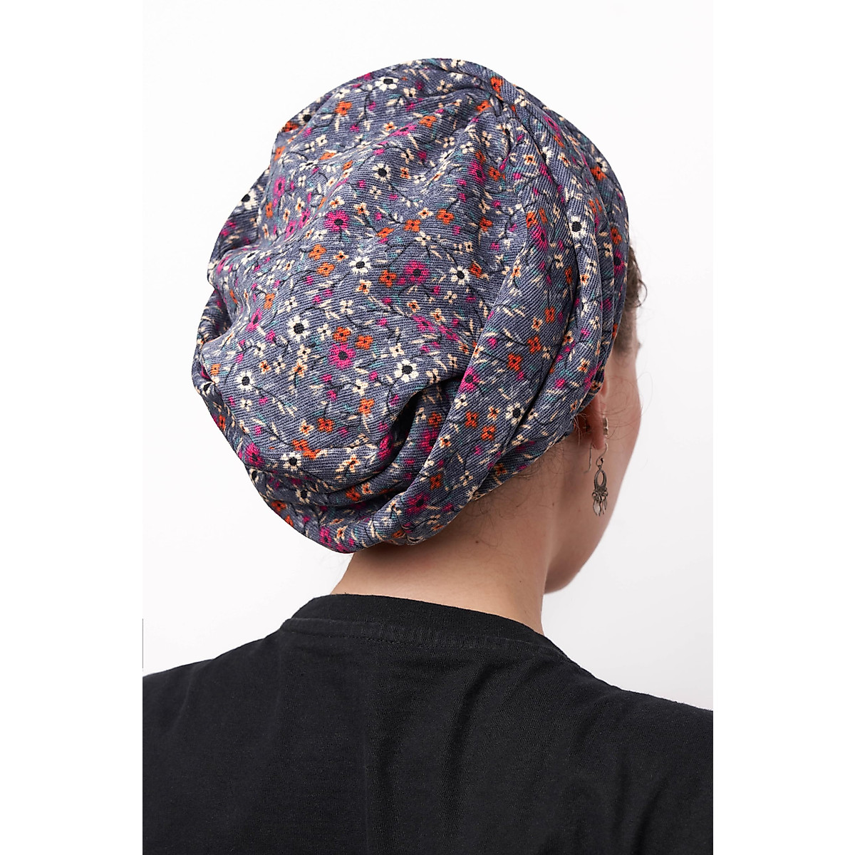 Ermandina Floral Head Covering for Women Tichel Slouchy Beanie Beret Snood Headcovering (Blue)