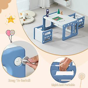 SINKIPA 3 in 1 Montessori Weaning Table and 2 Chairs Set, Kids Table and Chair Set, 2 Height Levels, Toddlers Activity Table for Drawing, Dining, Reading and Playing, Blue