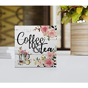 Coffee and Tea Pink Floral Wood Box Sign Desk Decor,Rustic Wooden Block Sign Decorations for Home Kitchen Office Coffee and Tea Bar Wall Tabletop Shelf Decor