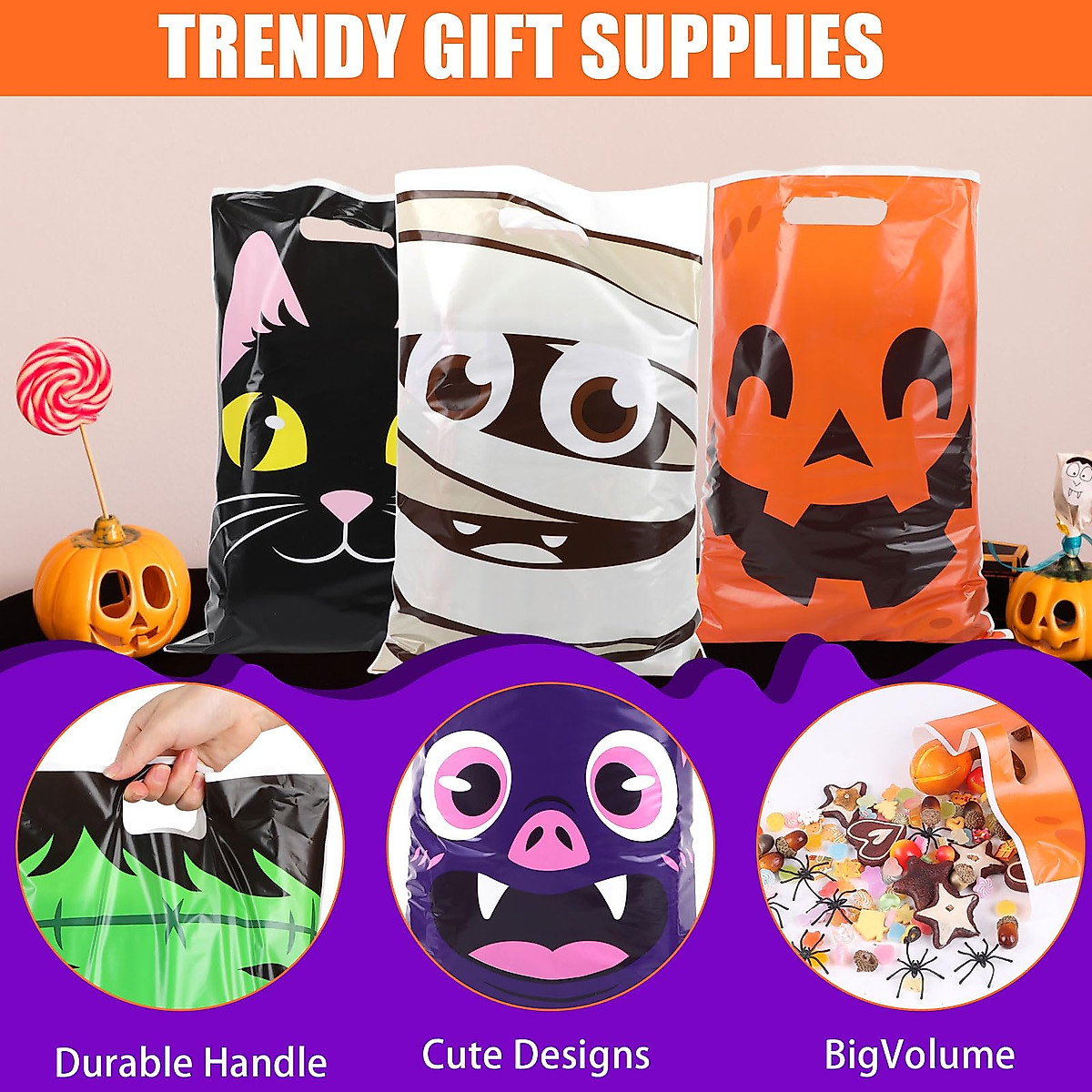 CCINEE 72 Pcs Halloween Goodie Candy Bags Large Trick-or-Treat Bags with Handle Plastic Gift Bag Party Favor Supplies for Halloween Party Favor