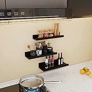 Giftgarden 16 Inch Black Floating Shelves for Wall Mount, Woodgrain Wall Shelf Ledge for Bathroom Bedroom Kitchen Living Room Office Storage, Set of 3 Different Sizes