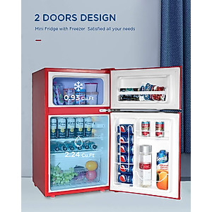 Northair 2-Door Mini Refrigerator with Freezer Compact Fridge with Removable Basket and Shelves 3.2 Cu Ft Red