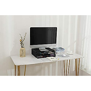 YCOCO Monitor Stand Riser,Metal Mesh Monitor Riser Desktop Stand with 2 Storage Drawers,Multi-Purpose Desktop Storage Stand for Computer,Laptop,Printer,Black