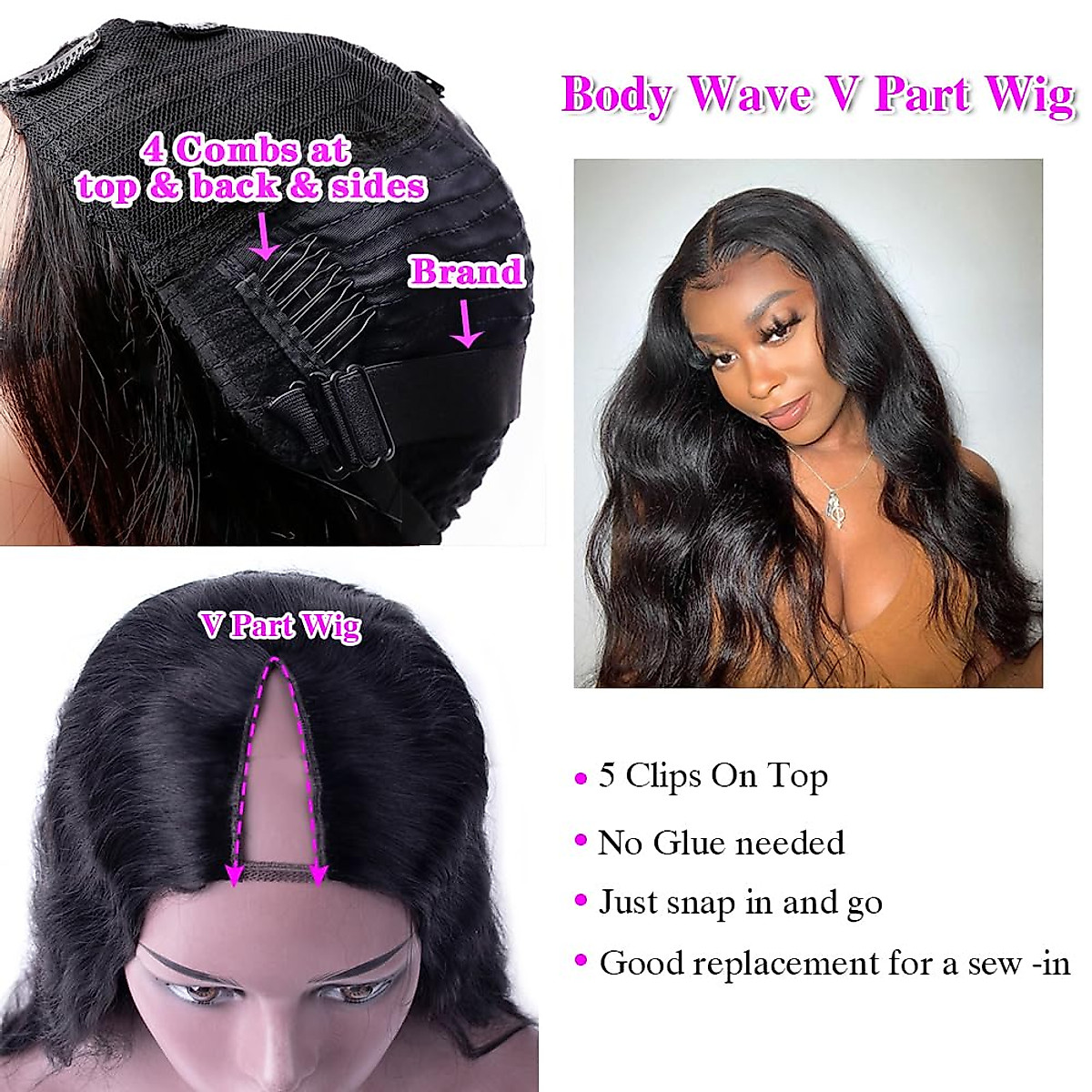 Xagujpo V Part Wig Human Hair Body Wave Wigs Upgrade U Part Wigs Brazilian Virgin Human Hair Wigs For Black Women Glueless Clip In Half Wig V Shape Wigs No Sew In 180% Density Natural Color 18inch